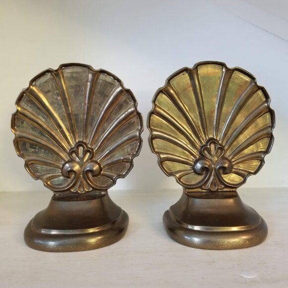 Vintage | Accents | Vintage Brass Art Deco Shell Fan Metal Bookends ...